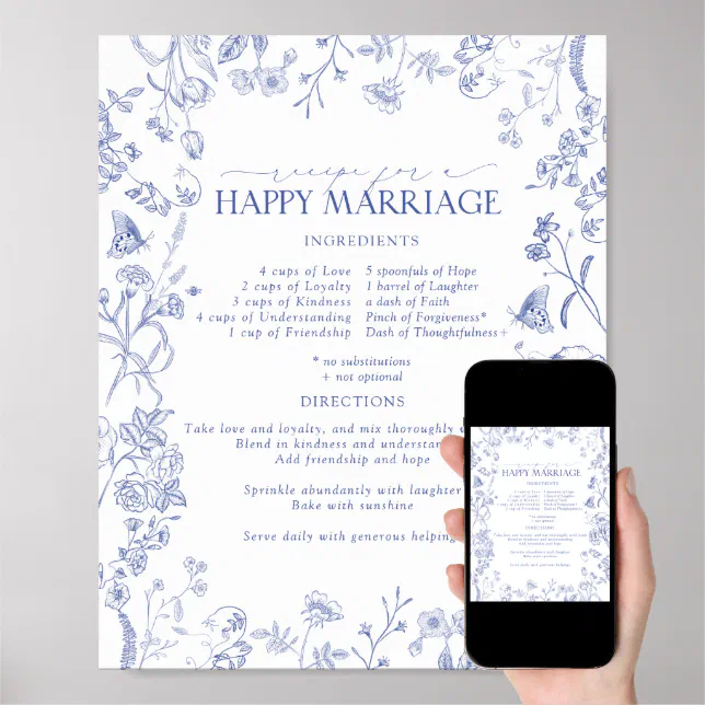 French Blue White Victorian Recipe Happy Marriage Poster | Zazzle