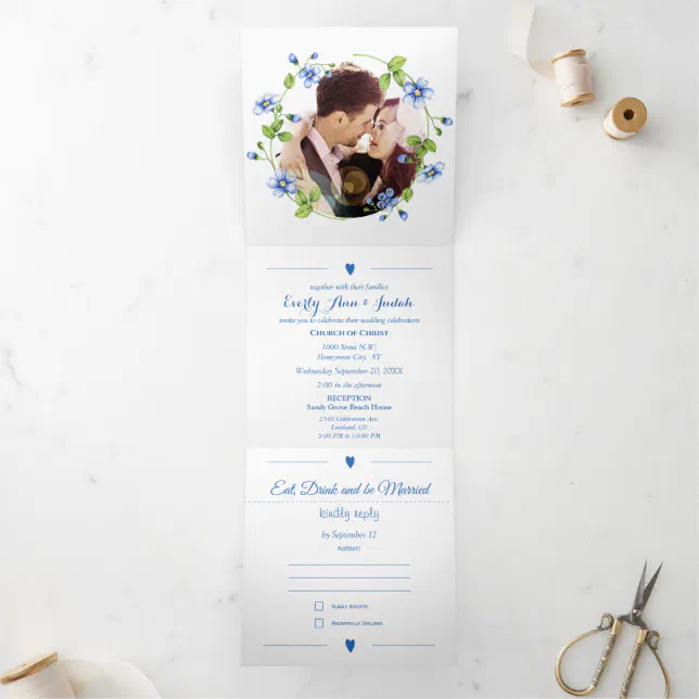 French Blue Wildflower Floral Wreath Wedding Tri-Fold Invitation | Zazzle