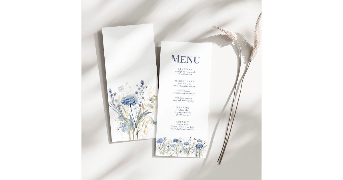 French Blue Wildflower Meadow Wedding Menu Card | Zazzle