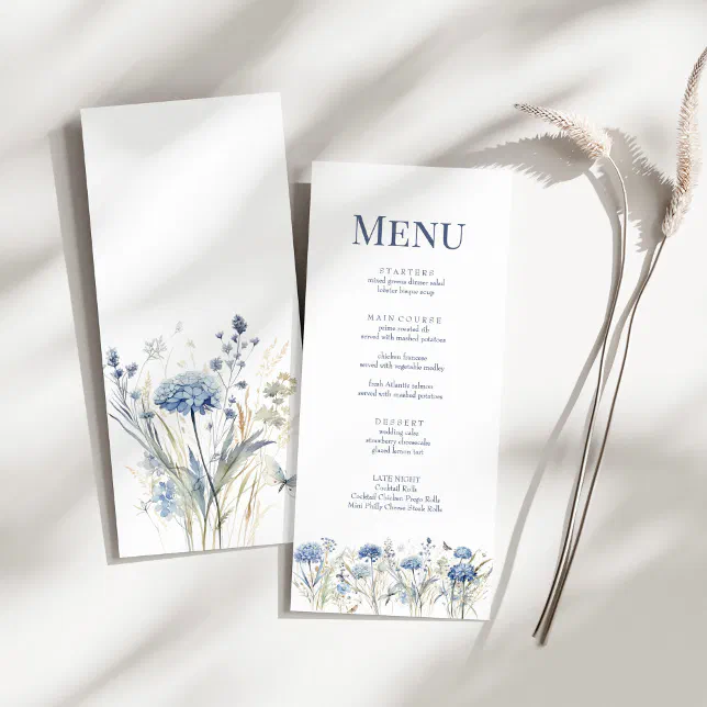 French Blue Wildflower Meadow Wedding Menu Card | Zazzle