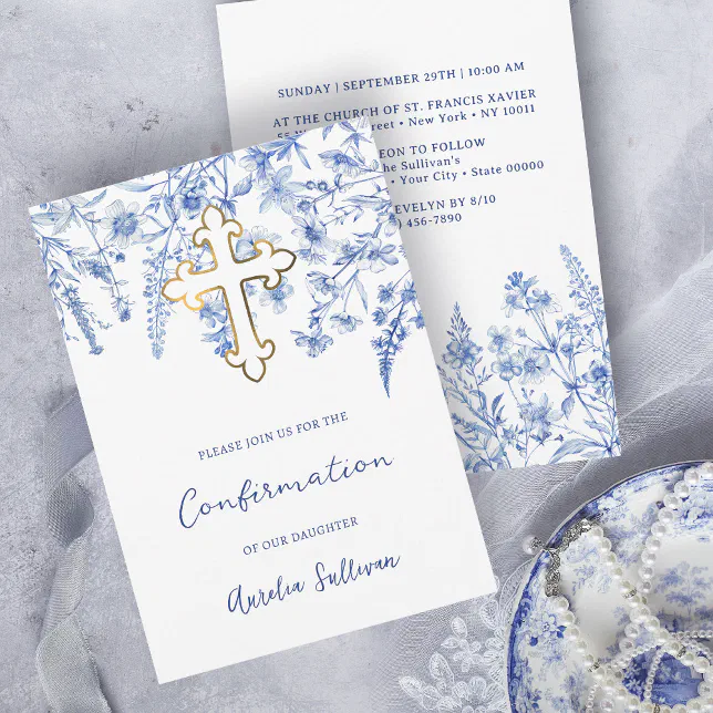 French Blue Wildflowers Confirmation Invitation | Zazzle