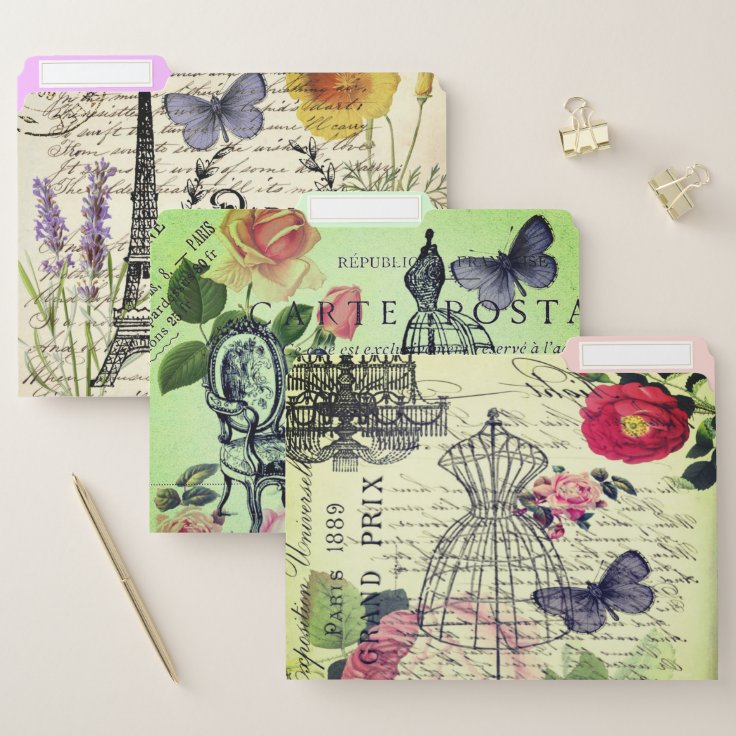 french botanical floral eiffel tower vintage paris file folder | Zazzle