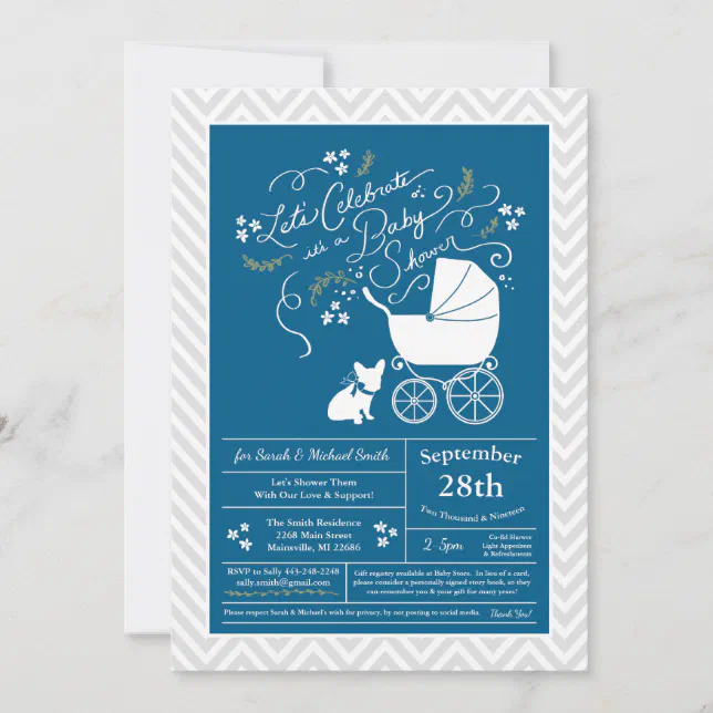 French Bulldog Baby Shower Frenchy Frenchie Blue Invitation | Zazzle