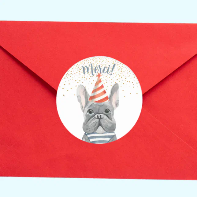 French Bulldog With Party Hat Merci Confetti Classic Round Sticker | Zazzle