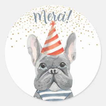 French Bulldog With Party Hat Merci Confetti Classic Round Sticker | Zazzle