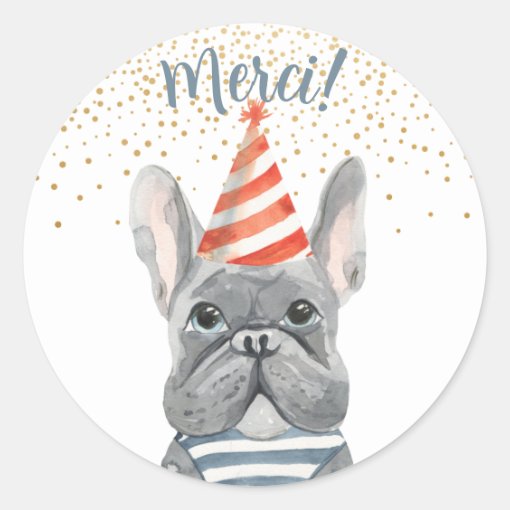 French Bulldog With Party Hat Merci Confetti Classic Round Sticker | Zazzle