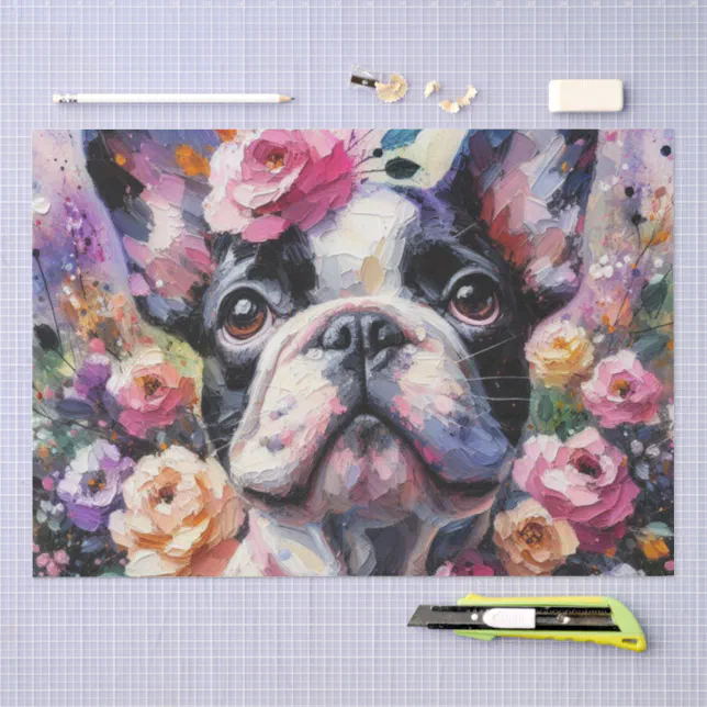 French Bulldog with Roses Floral Decoupage Tissue Paper | Zazzle