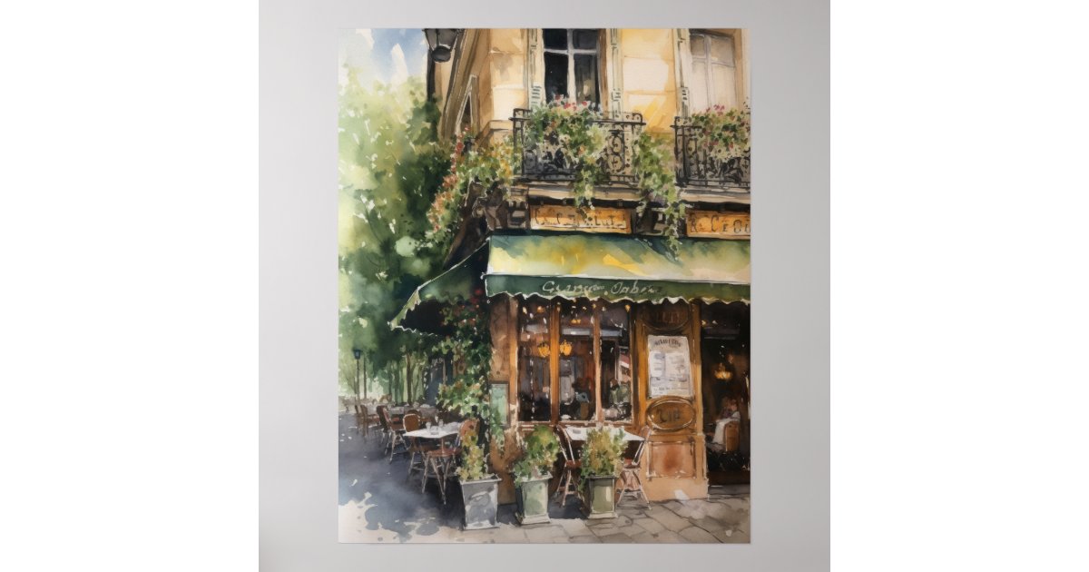 French Cafe Watercolor Landscape Art Print Poster | Zazzle