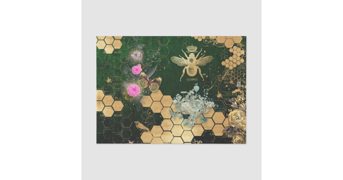 French chic, victorian,bee,floral,gold foil, belle tissue paper | Zazzle