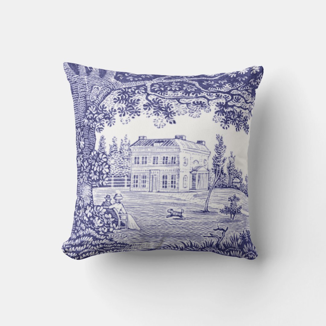 French Country Blue Toile Pillow - Garden Scene | Zazzle