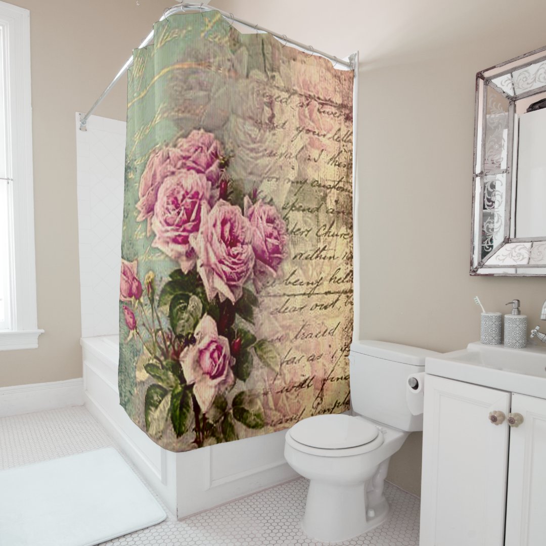 French country chic,shabby chic, pink roses, flora shower curtain | Zazzle