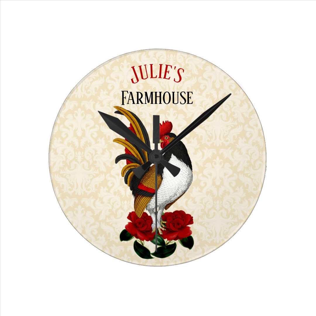 French Country Farmhouse Rooster Red Black Gold Round Clock | Zazzle