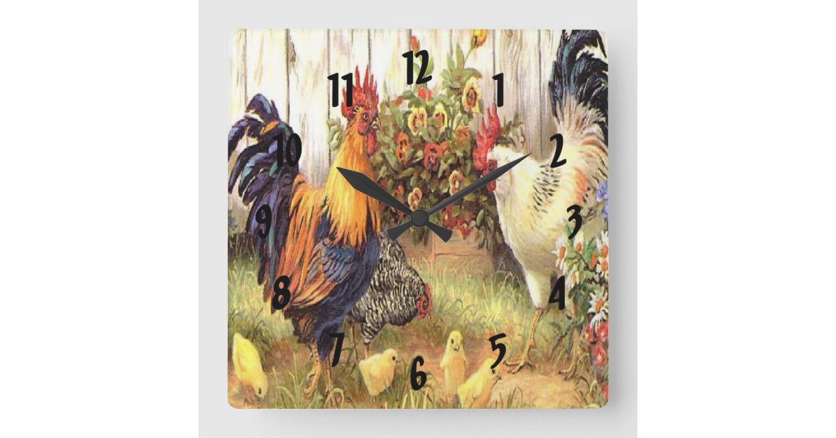 French Country Rooster Hen Print Clock | Zazzle