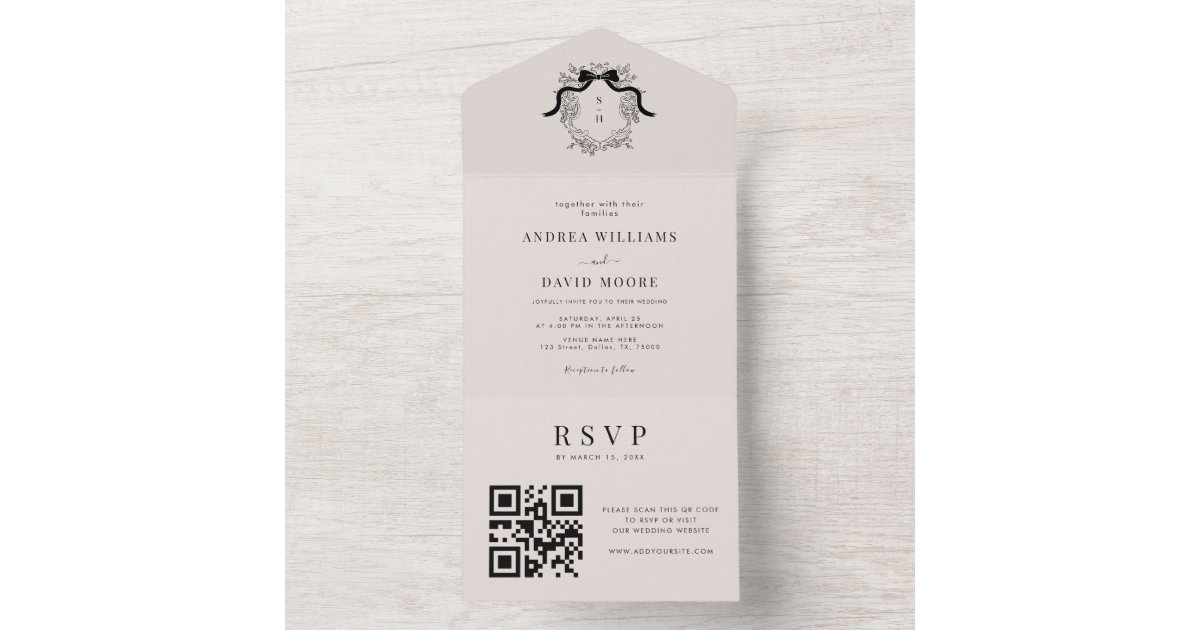 French Crest Monogram Ivory QR Code Chic Wedding All In One Invitation ...