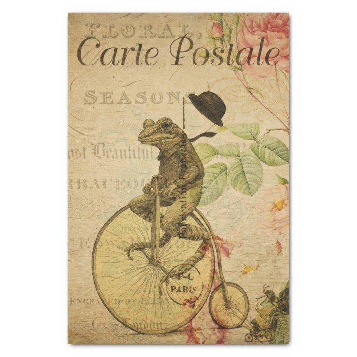French Ephemera Frog Riding Bicycle Rose Decoupage Tissue Paper | Zazzle