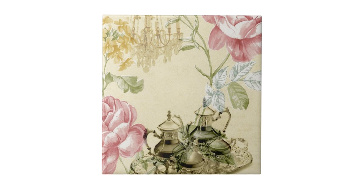 French floral Teacup Teapot Paris Tea Party Tile | Zazzle