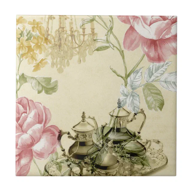 French floral Teacup Teapot Paris Tea Party Tile | Zazzle