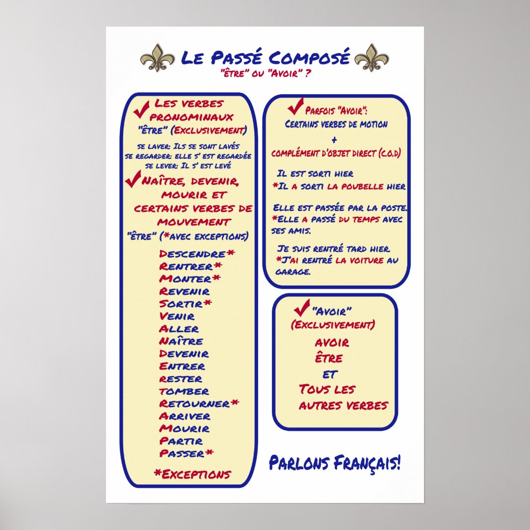 French Grammar Passe Compose Avoir ou Etre Poster | Zazzle
