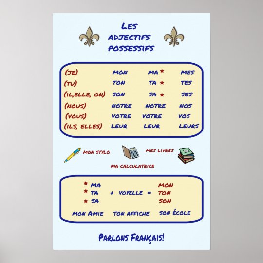 French Grammar Possessive Adjectives Poster | Zazzle.com