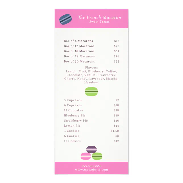 French Macaron Menu & Price List Rack Card | Zazzle