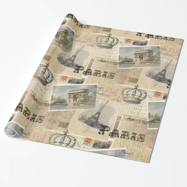 French Postcard Collage Wrapping Paper | Zazzle