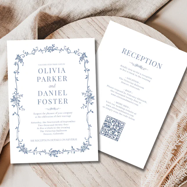 French QR Code All in One Dusty Blue Wedding Invitation | Zazzle