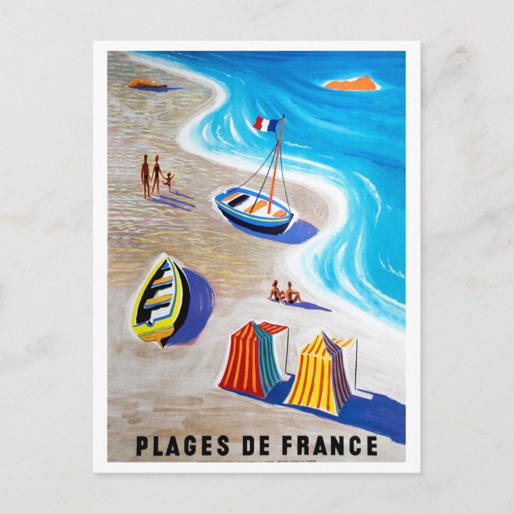 French riviera, people on beach, fishing boats postcard | Zazzle