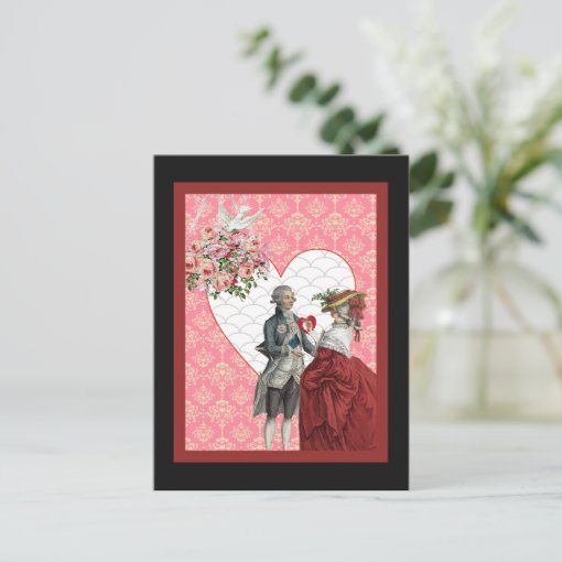 French Rococo Couple and Pink Damask Valentine Holiday Postcard | Zazzle