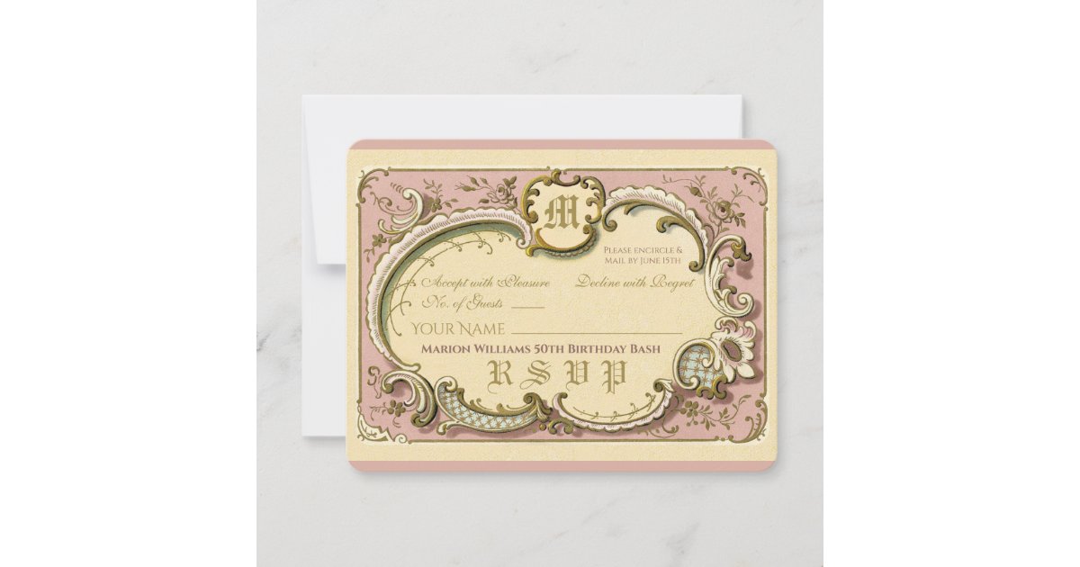 French Rococo Elegant Frame Antique Gold Pink RSVP Card | Zazzle