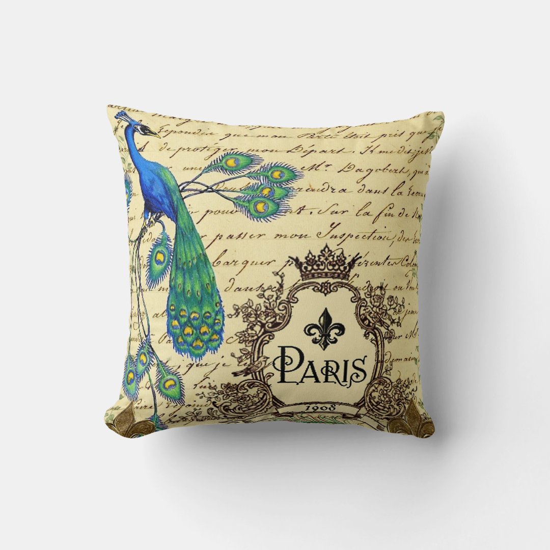French Script Peacock Paris Decorative Pillow | Zazzle
