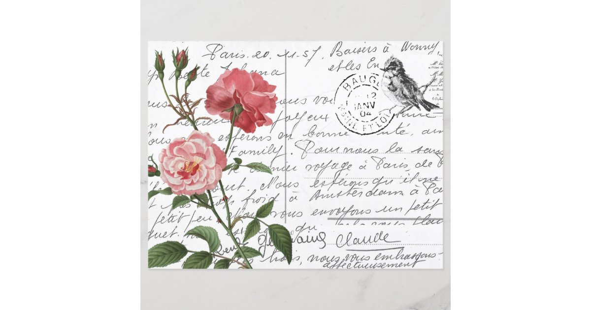 French Script Vintage Rose Bird Postcard | Zazzle