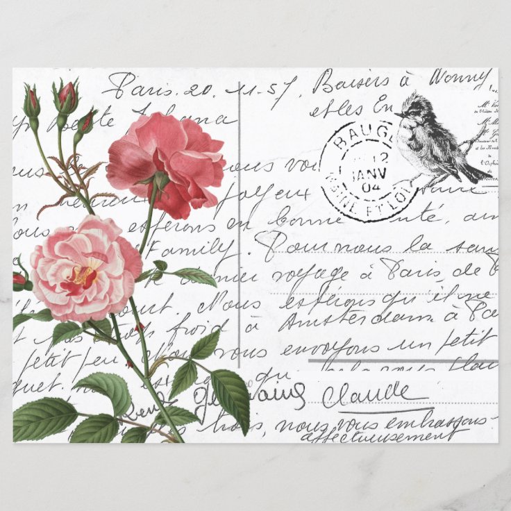 French Script Vintage Rose Bird Postcard | Zazzle