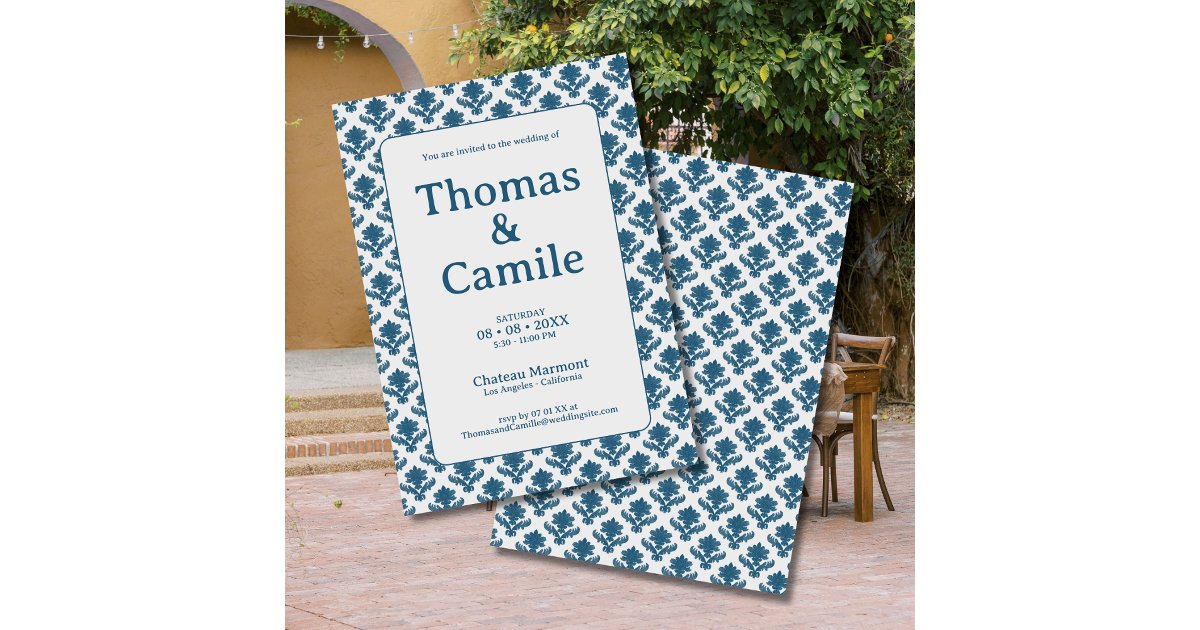 French Tapestry Blue and White Wedding Invitation | Zazzle