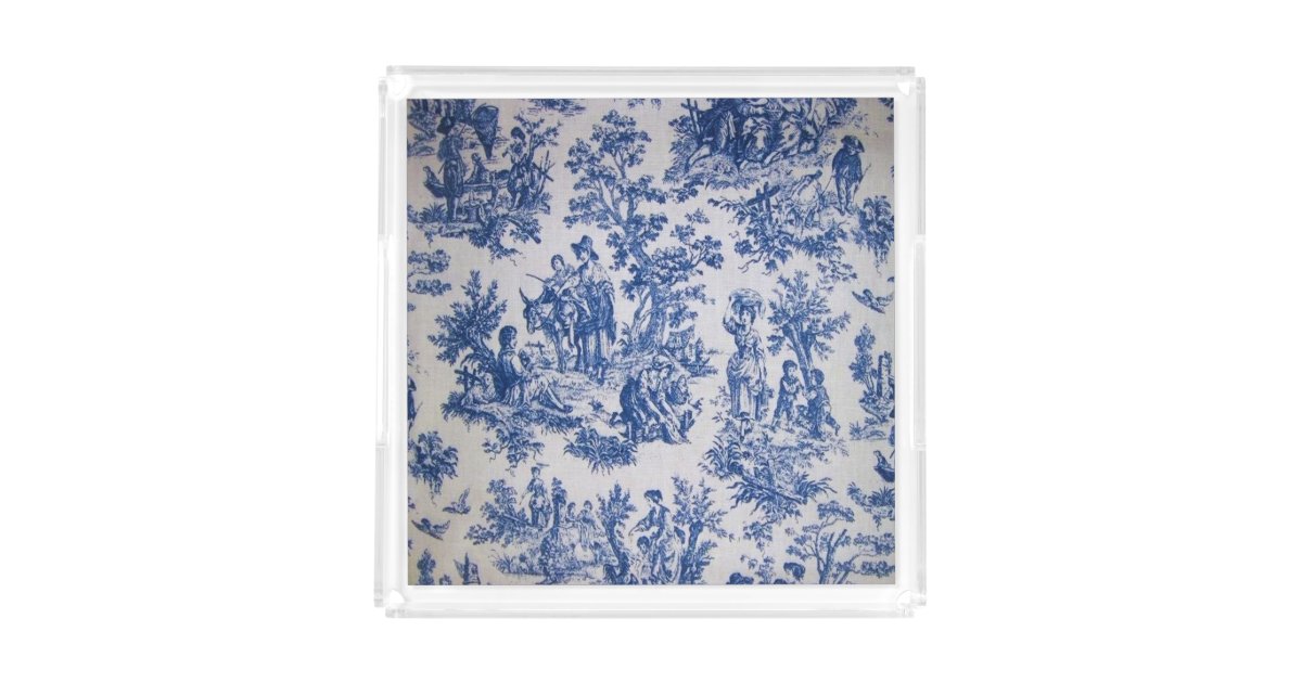 French toile de jouy blue and white elegant acrylic tray | Zazzle
