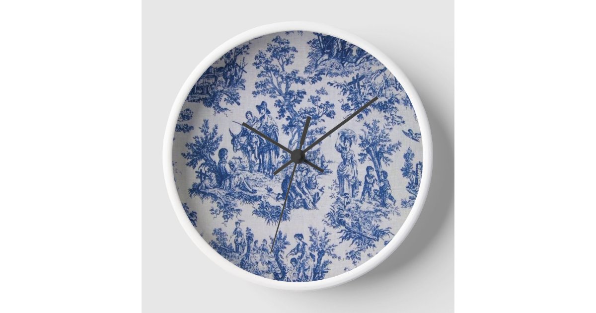 French toile de jouy blue and white elegant clock | Zazzle