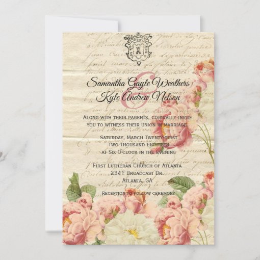 French Vintage Letter and Roses Wedding Invitation | Zazzle