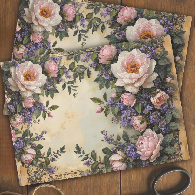 French Vintage Pink And lilac Floral Decoupage Tissue Paper | Zazzle