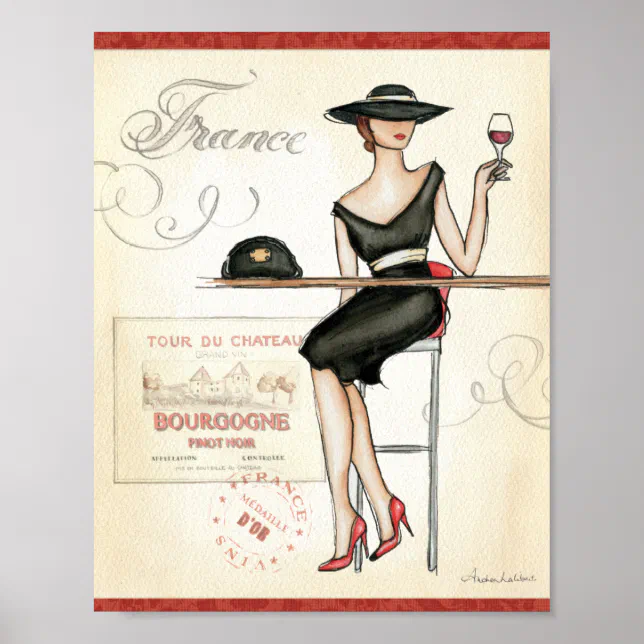 French Woman Drinking Red Wine Poster | Zazzle