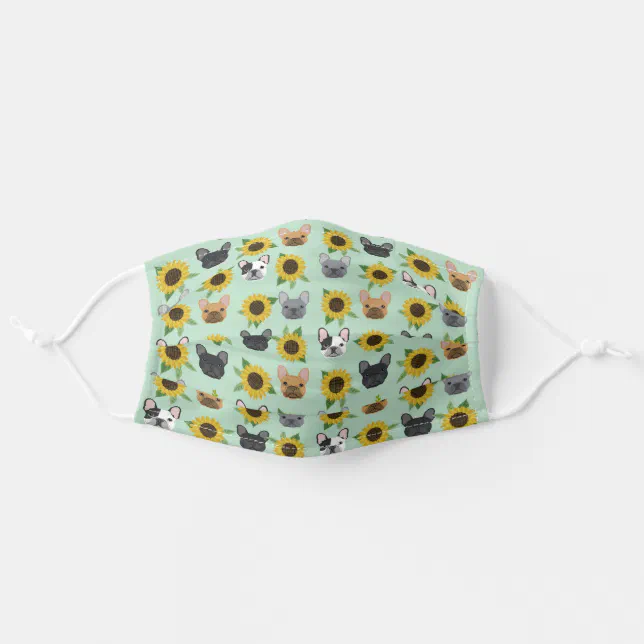 Frenchie faces sunflowers mint adult cloth face mask | Zazzle