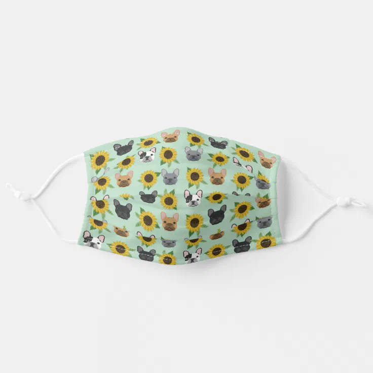 Frenchie faces sunflowers mint adult cloth face mask | Zazzle