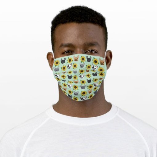Frenchie faces sunflowers mint adult cloth face mask | Zazzle