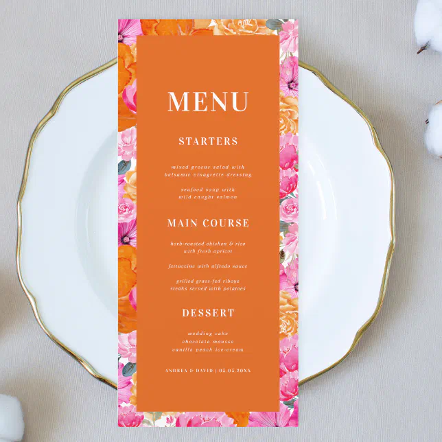 Fresh Bright Pink and Orange Floral Bloom Wedding Menu | Zazzle
