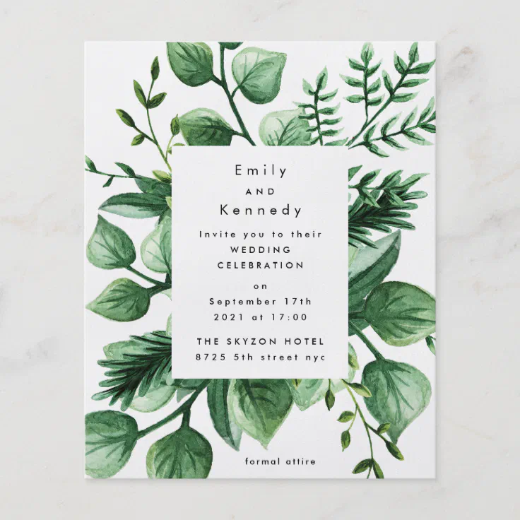 Fresh Budget Greenery Leafy Modern Wedding Flyer | Zazzle