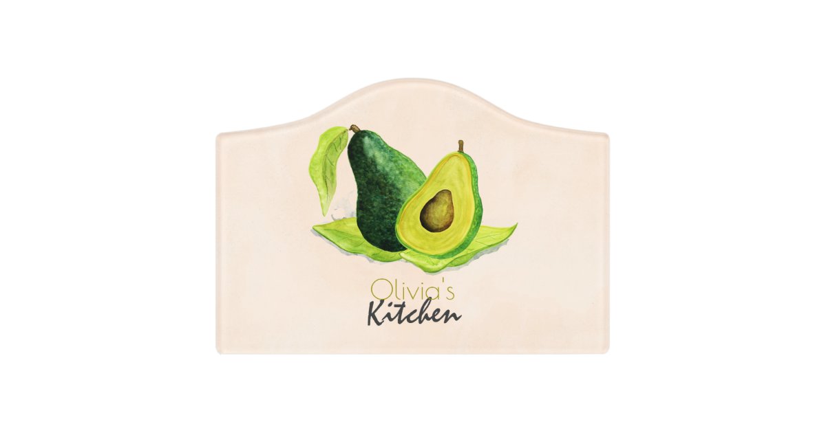 Fresh Green Avocado Fruit in Watercolor Kitchen Door Sign | Zazzle