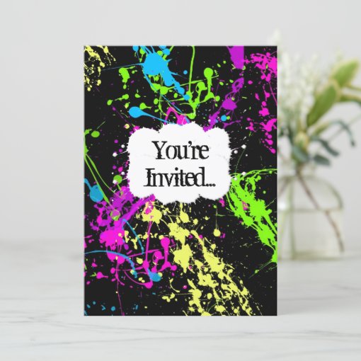 Fresh Retro Neon Paint Splatter Party Invitation | Zazzle