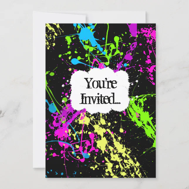 Fresh Retro Neon Paint Splatter Party Invitation | Zazzle