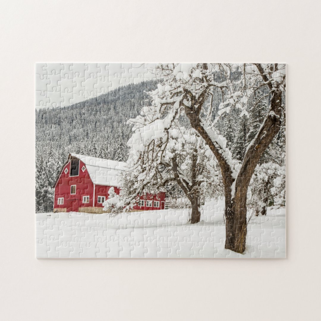 Fresh snow on red barn jigsaw puzzle | Zazzle