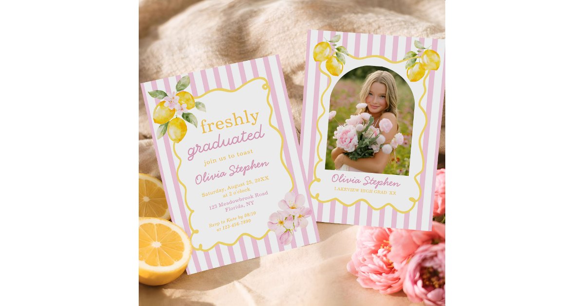 Freshly Graduated Lemon Pink Stripes Graduation Invitation | Zazzle