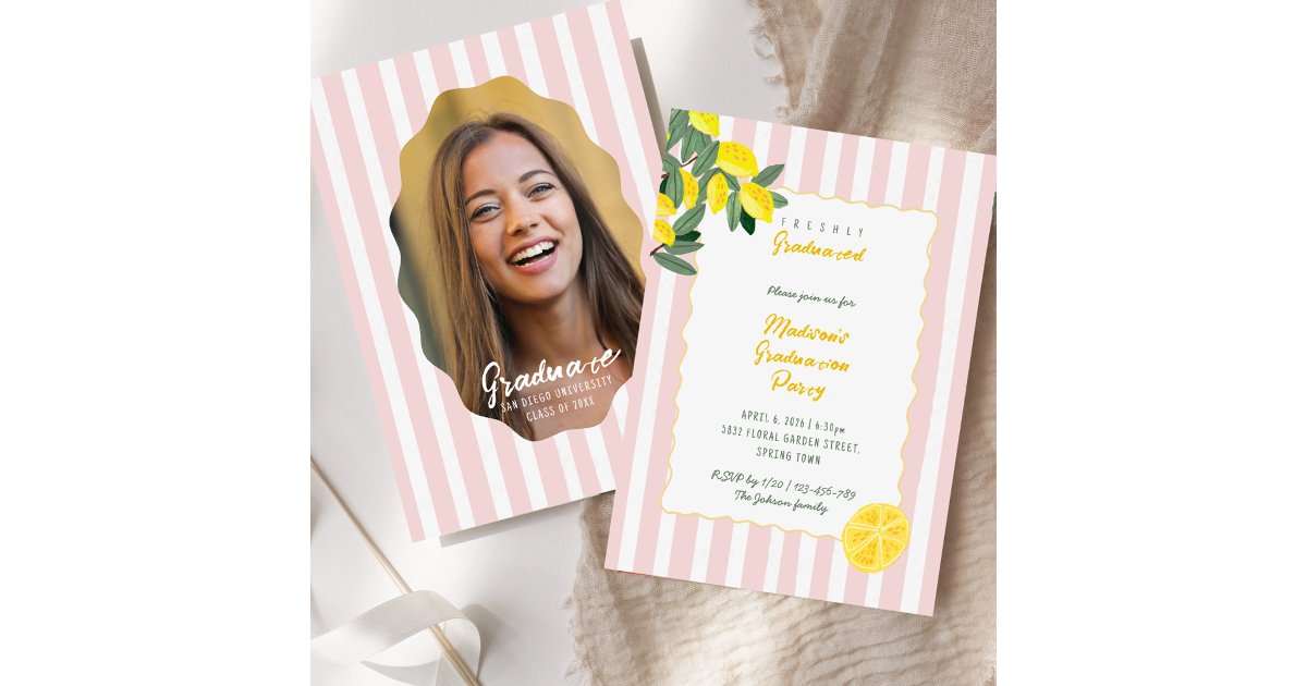 Freshly Graduated Lemon Stripe Graduation Party Invitation | Zazzle