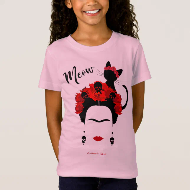 Frida Kahlo portrait and cute meow Mexican Cat T T-Shirt | Zazzle
